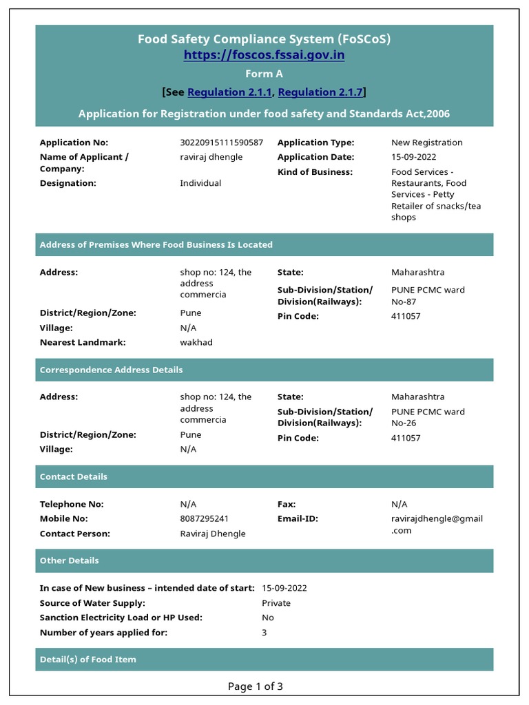 Food Safety Compliance System (Foscos) : Form A Application For ...