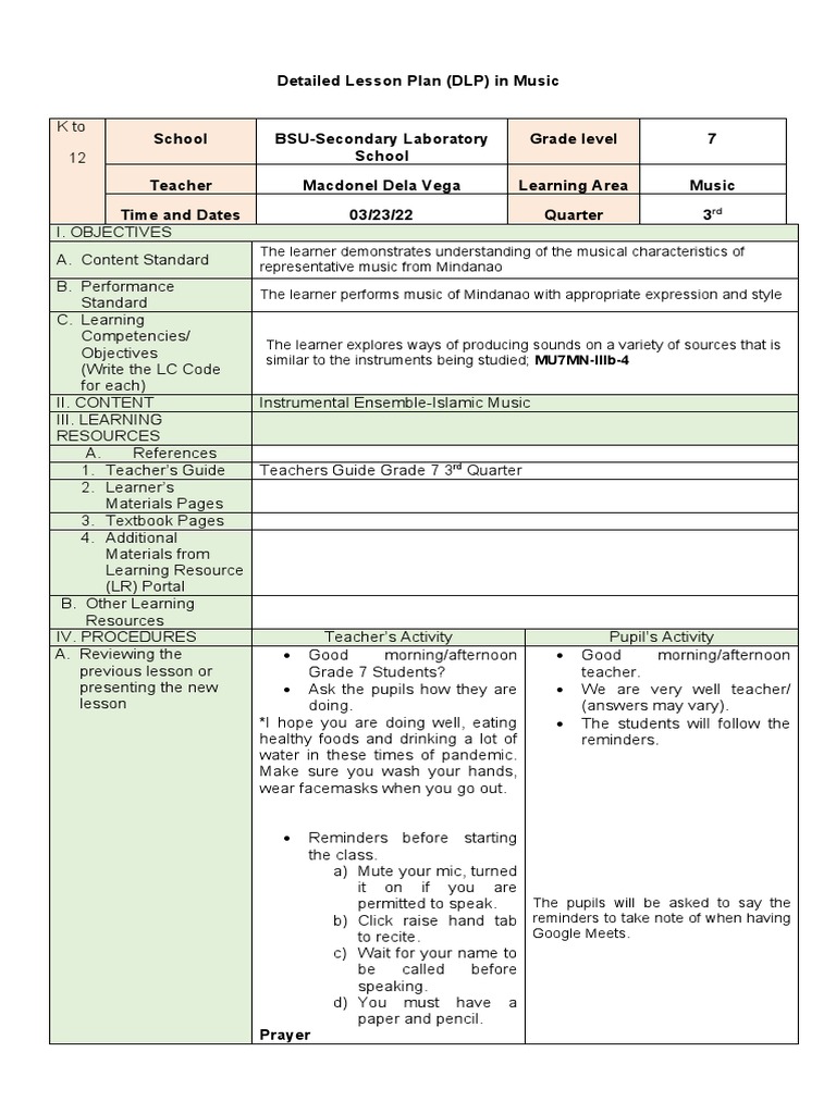 Detailed Lesson Plan in Music Grade 7-Instrumental Music of Mindanao | PDF