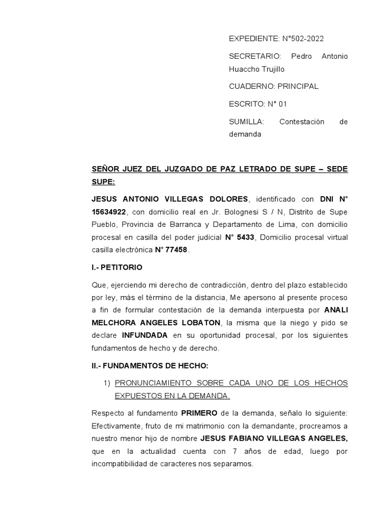 Contestacion de Demanda de Alimentos | PDF | Demanda judicial | Ley ...