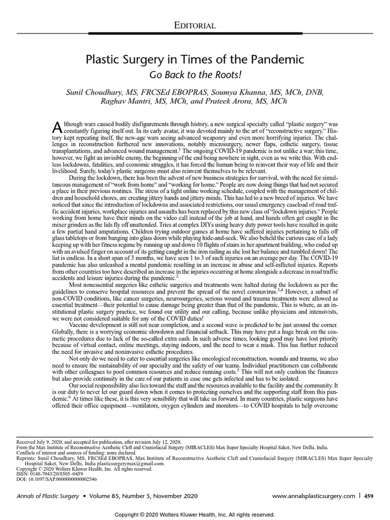 Editorial Pandemic Paper Annals of Plastic Surgery Sunil Choudhary Et ...