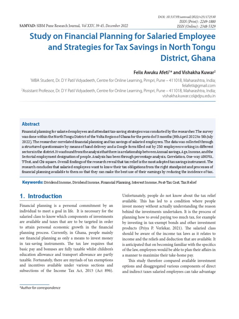 Study On Financial Planning For Salaried Employee and Strategies For Tax Savings in North Tongu ...