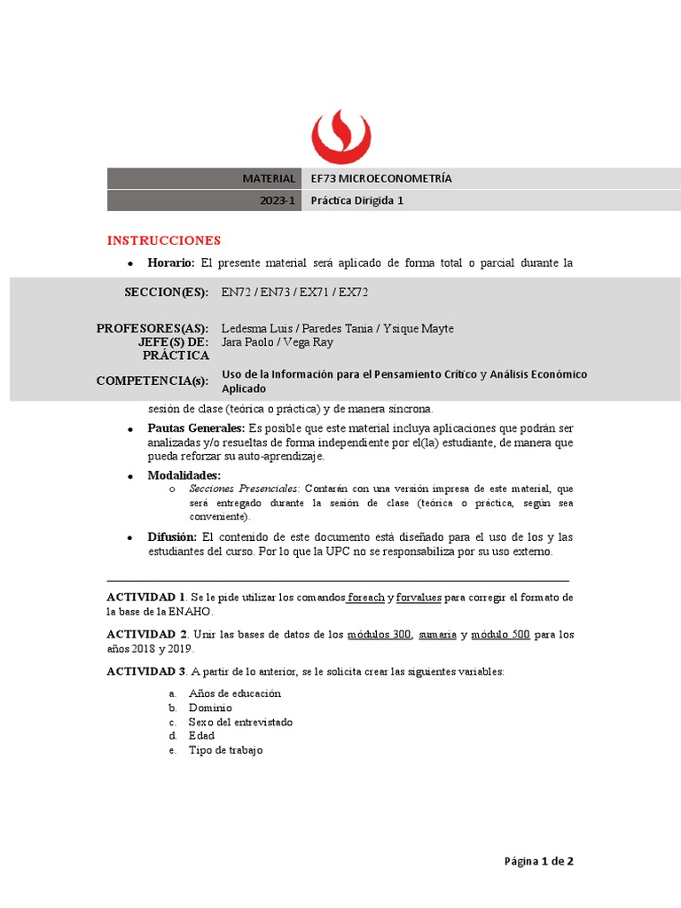 Ef73 Microeconometría PD - 01 | PDF | Análisis de regresión | Estadísticas