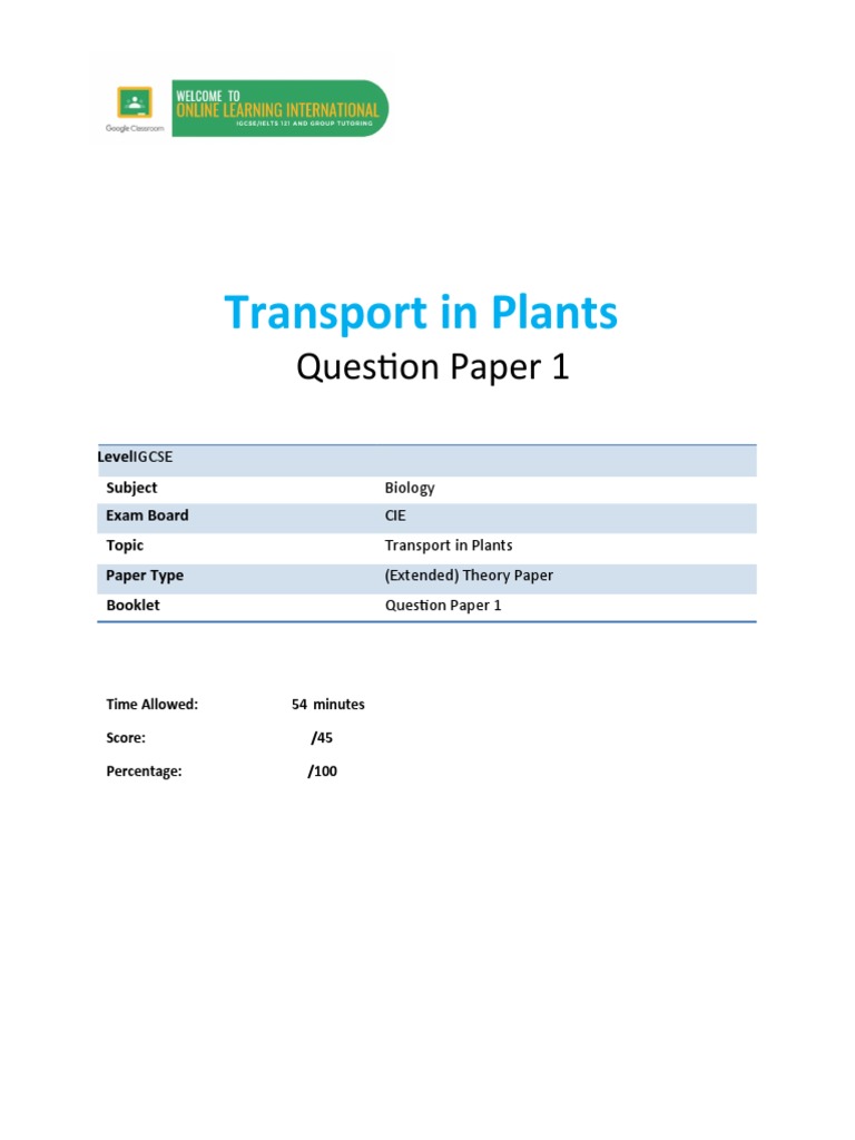 8 1 Transport In Plants Igcse Cie Biology Solved Oli Pdf