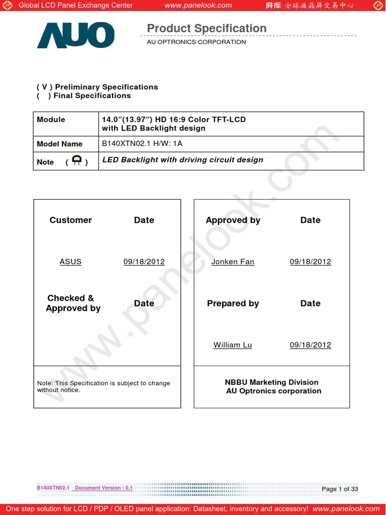 Panel_AOU B140XTN02.1 HW 1A_Datasheet | PDF | Thin Film Transistor ...