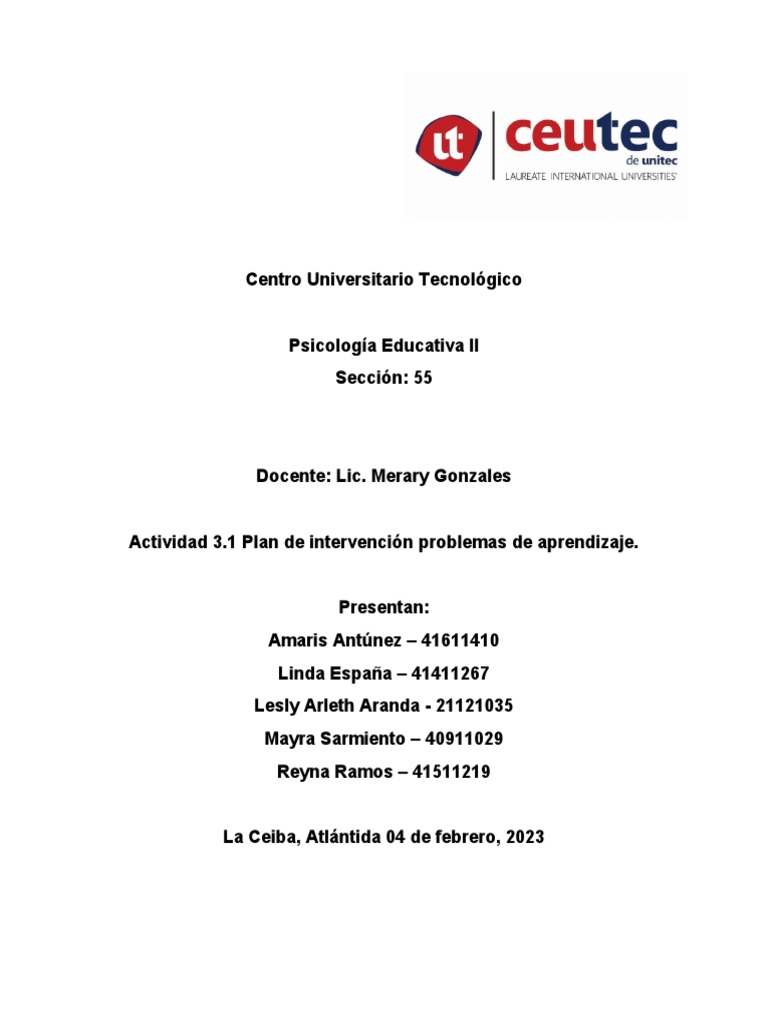 Plan de Intervencion Dificultades de Aprendizaje (2) Corregido | PDF | Enseñando | Aprendizaje