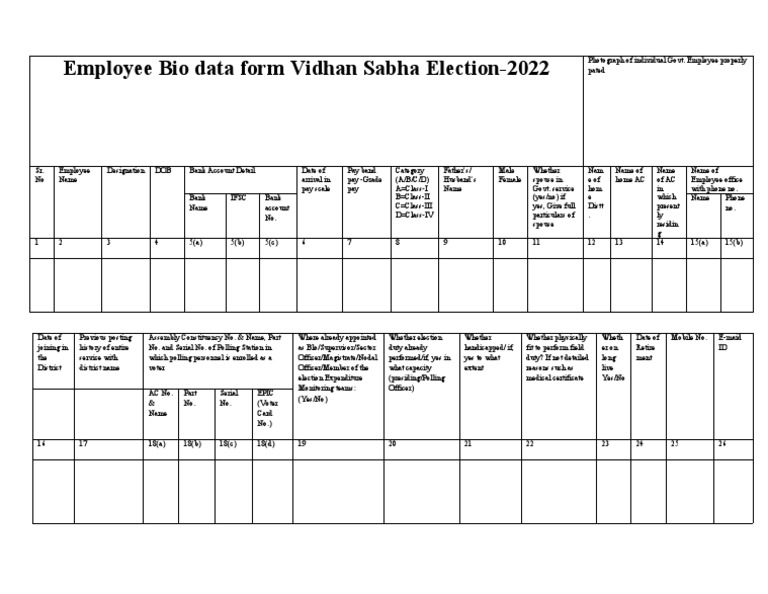 Employee Bio Data Form Vidhan Sabha Election | PDF | Government ...