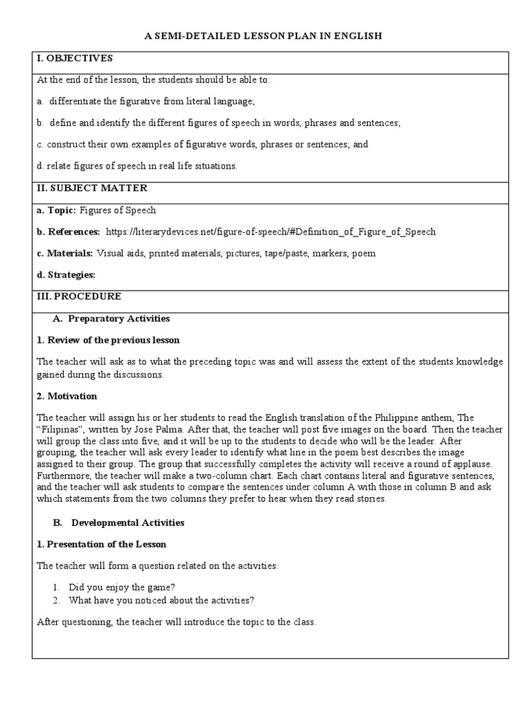 A Semi-Detailed Lesson Plan in English | PDF | Metaphor | Poetic Devices