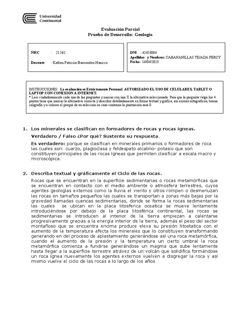 PA 02_Examen Parcial_Geología FINAL | PDF | Roca (geología) | Minerales