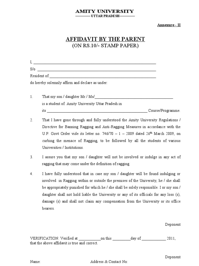 Affidavit by The Parent (On Rs. 10 Stamp Paper) | PDF