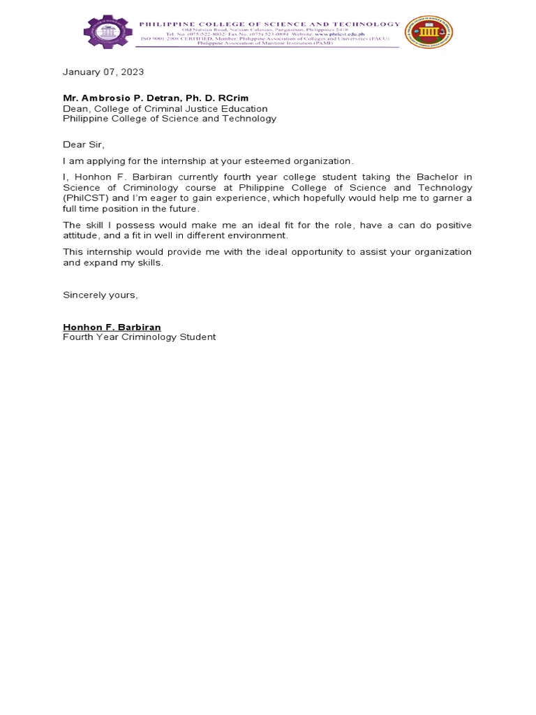 Barbiran Application Letter For Internship 2 | PDF