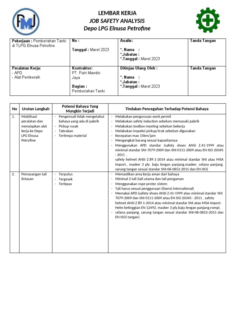 JSA - PEMBERSIHAN TANKI AMURANG 2023 | PDF
