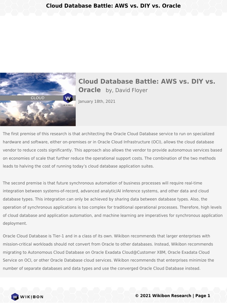 Cloud Database Battle: AWS vs. DIY vs. Oracle: By, David Floyer | PDF | Cloud Computing | Databases