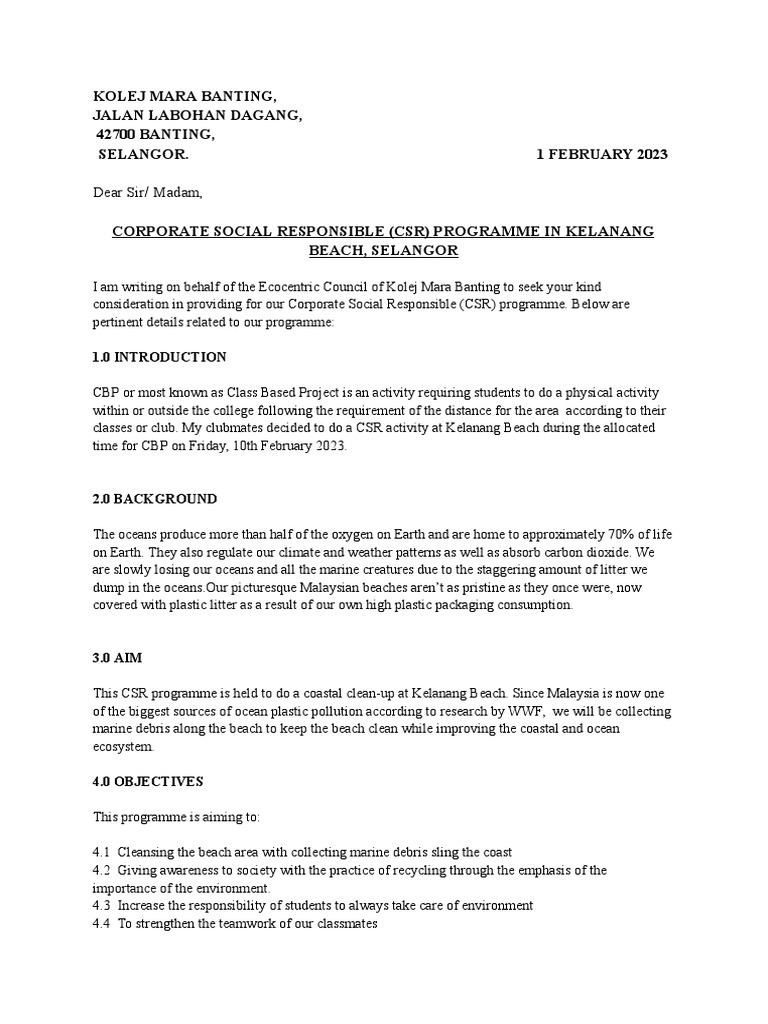 Proposal for a Coastal Cleanup Corporate Social Responsibility Program at Kelanang Beach by ...