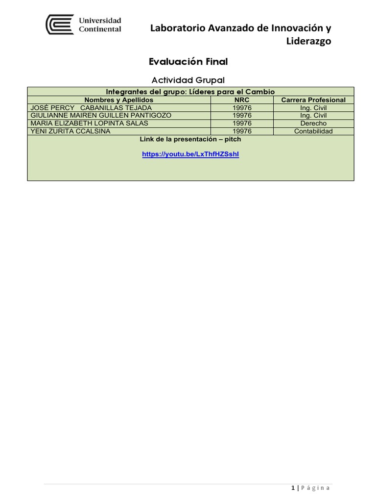 Ev Final Grupal - Laboratorio Avanzado de InnovaciÃ N y Liderazgo - Trabajo Grupal | PDF