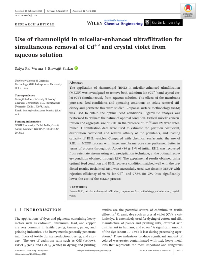 Use of Rhamnolipid in Micellar Enhanced Ultrafiltration For | PDF | Membrane | Ph
