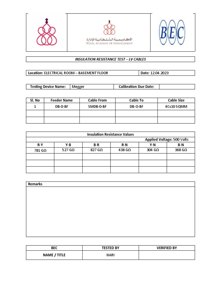 LV Cable Insulation Resistance Test Report | PDF | Insulator ...