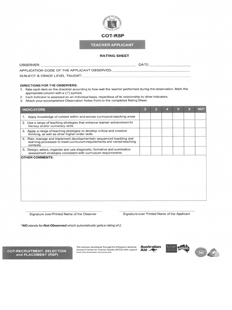 COT-RSP Rating Sheet | PDF