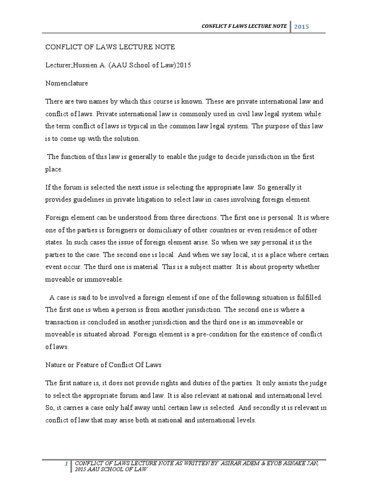 Conflict of Laws by Asrar Lecture Note 1 | PDF