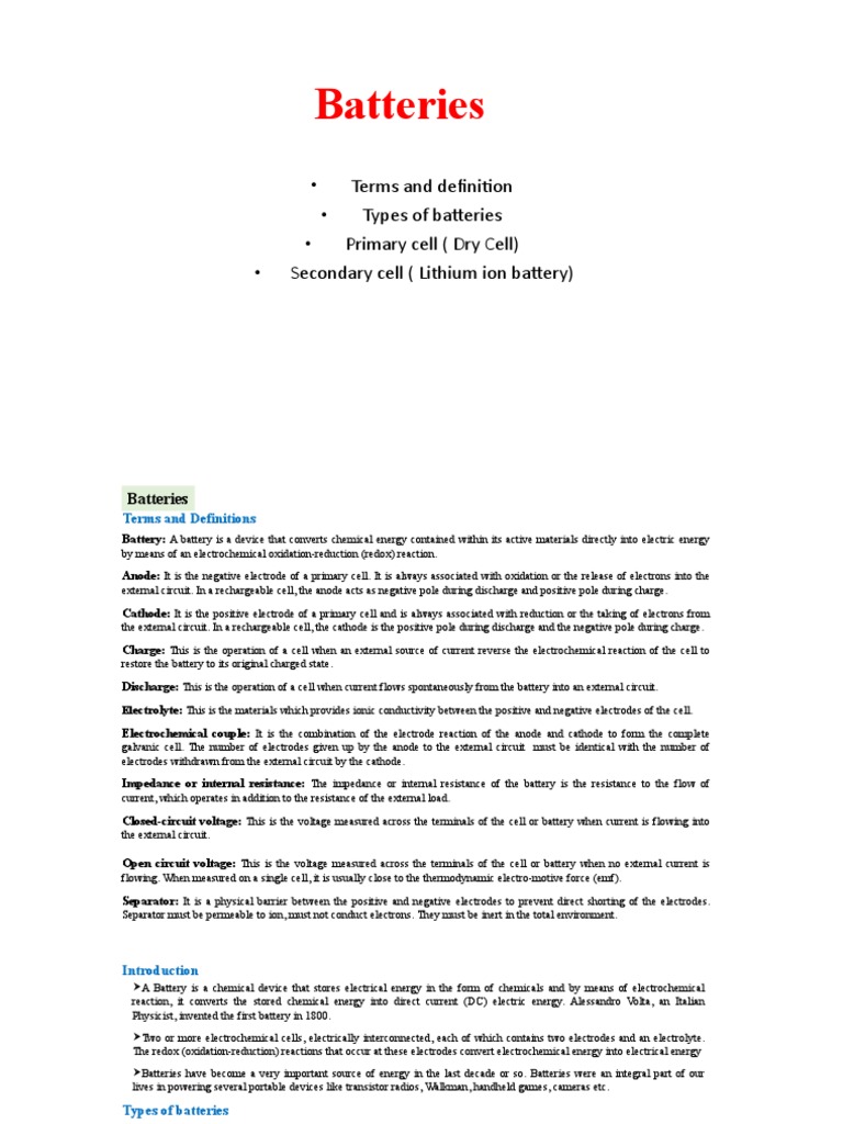 Batteries-B.tech First Year | PDF | Rechargeable Battery | Lithium Ion ... Batteries-B.tech First Year | PDF | Rechargeable Battery | Lithium Ion ...