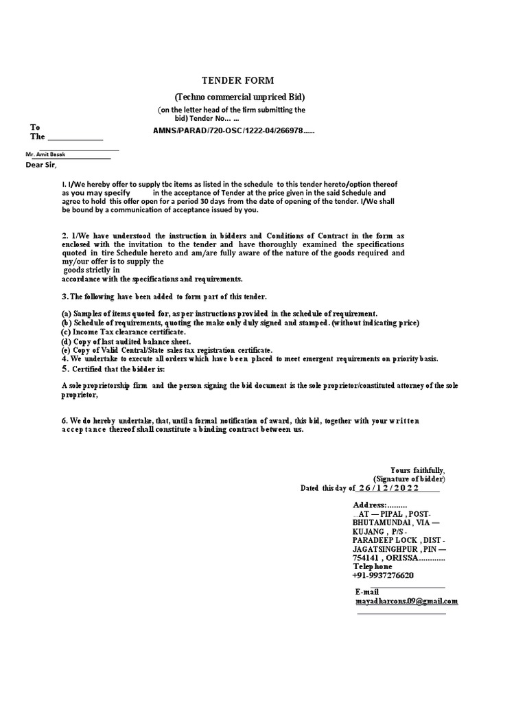 Tender Form: (Techno Commercial Unpriced Bid) | PDF | Business | Government
