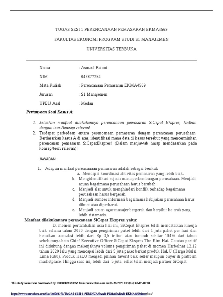 Tugas Sesi 1 Perencanaan Pemasaran Ekma4569 | PDF