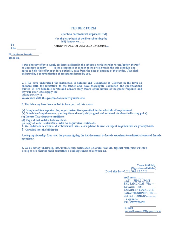 Tender Form: (Techno Commercial Unpriced Bid) | PDF | Justice | Crime & Violence