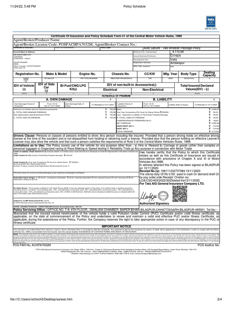 Agent/Broker/Producer Name: Agent/Broker License Code: POSPACHPA7032M ...