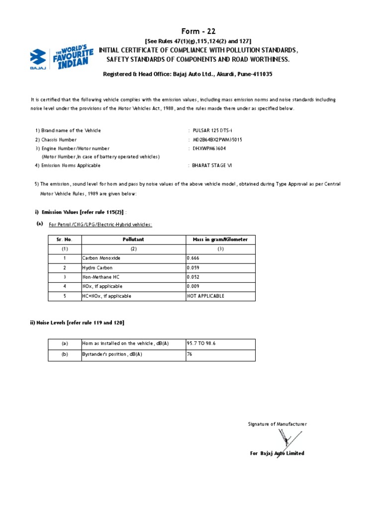 Form - 22 | PDF | Exhaust Gas | Motor Vehicle