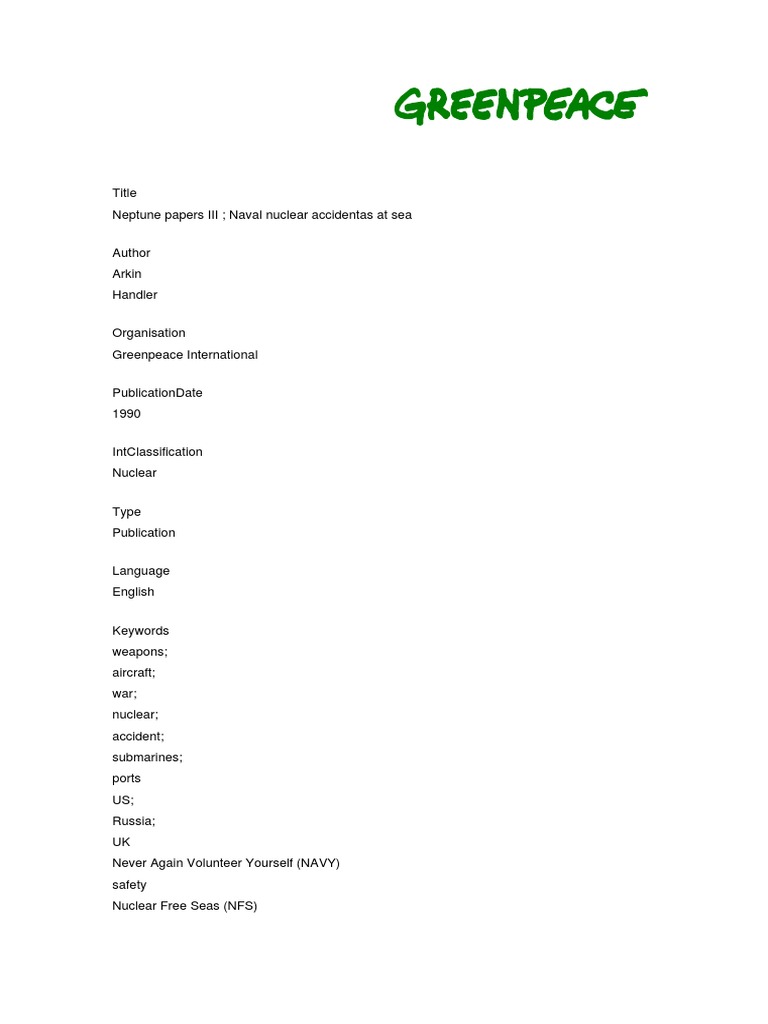 Arkin H. Neptune Papers III Naval Nuclear Accidentas at Sea | PDF ...