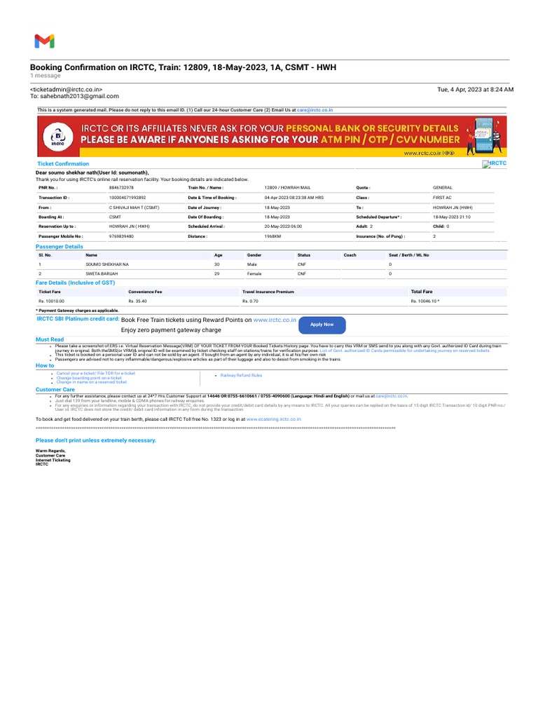 Gmail - Booking Confirmation On IRCTC, Train - 12809, 18-May-2023, 1A, CSMT - HWH | PDF | Credit ...