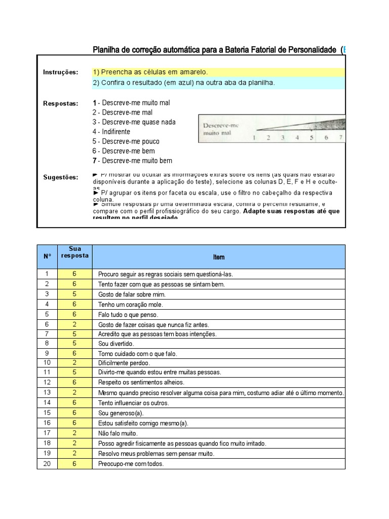 Planilha de autoavaliação da Bateria Fatorial de Personalidade (BFP ... Planilha de autoavaliação da Bateria Fatorial de Personalidade (BFP ...