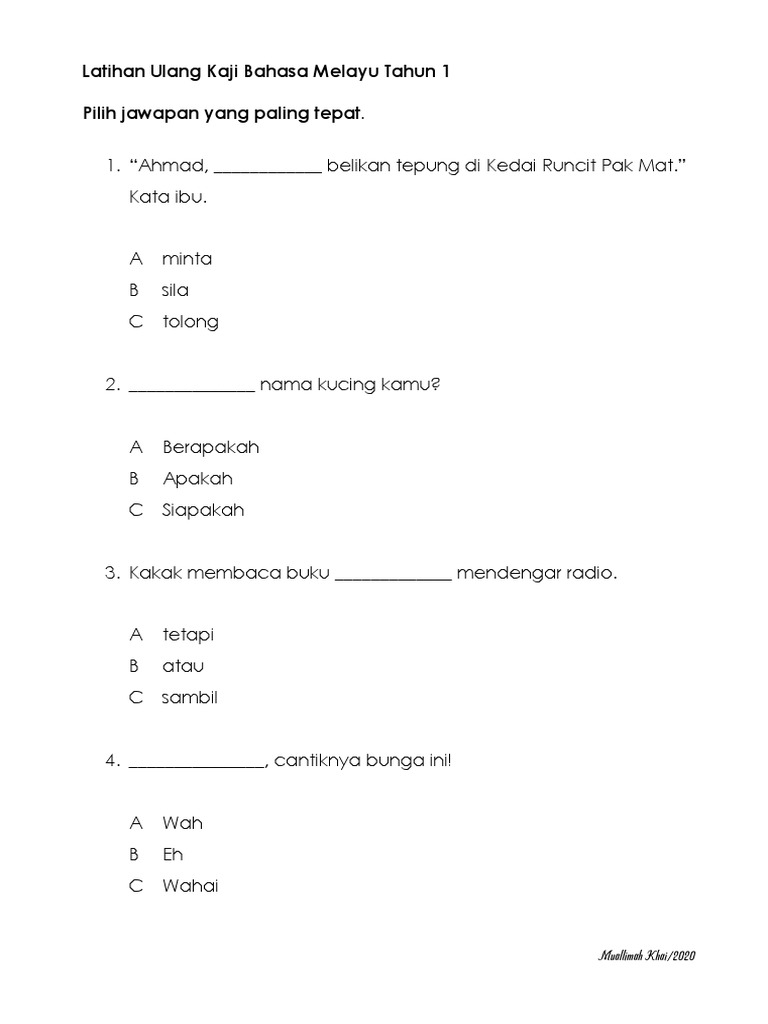 Latihan Ulang Kaji Bahasa Melayu Tahun 1 | PDF