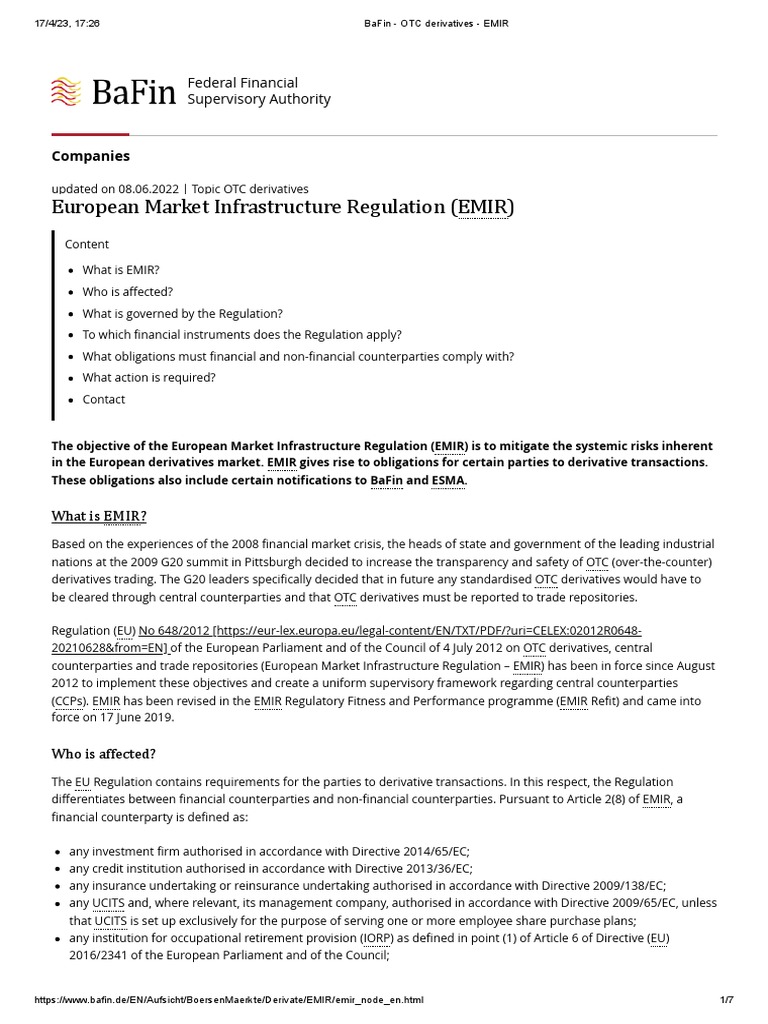 BaFin - OTC Derivatives - EMIR | PDF | Derivative (Finance) | Over The ...
