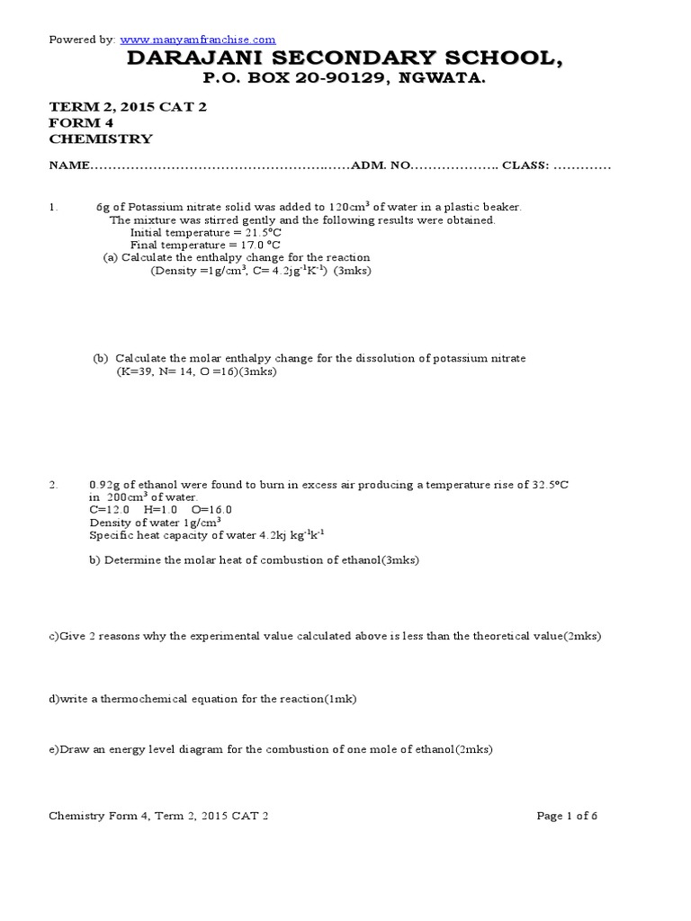 Chemistry Form 4 Term 2 2015 CAT 2 Exam Questions | PDF | Chemical ...