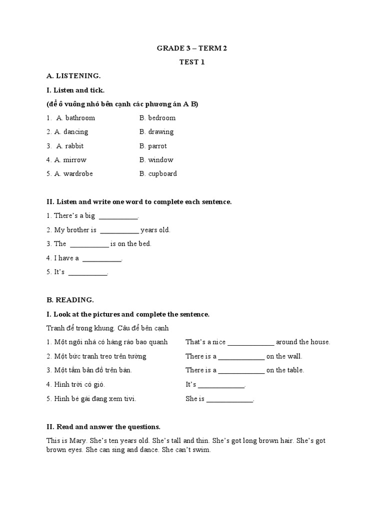 Grade 3 Term 2 Test 1: An Assessment of Listening, Reading, Writing and ...