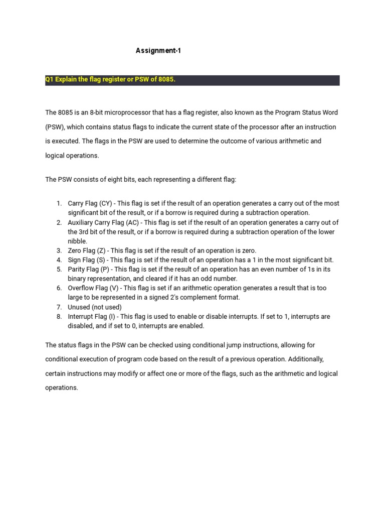 Q1 Explain The Ag Register or PSW of 8085.: Assignment-1 | PDF | Office ...