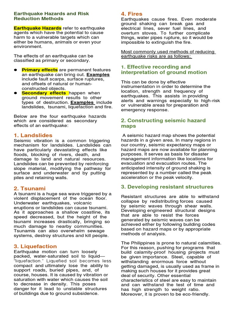 Earthquake Hazards and Risk Reduction Methods | PDF | Earthquakes | Tsunami