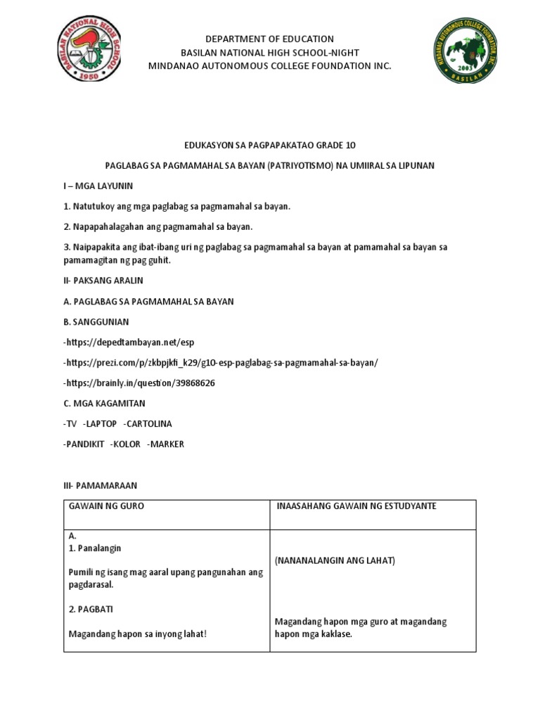 DLP in ESP Paglabag Sa Pagmamahal Sa Bayan | PDF