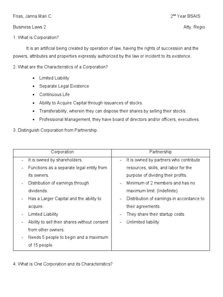 Comparing Key Characteristics of Corporations, Partnerships, and the ...