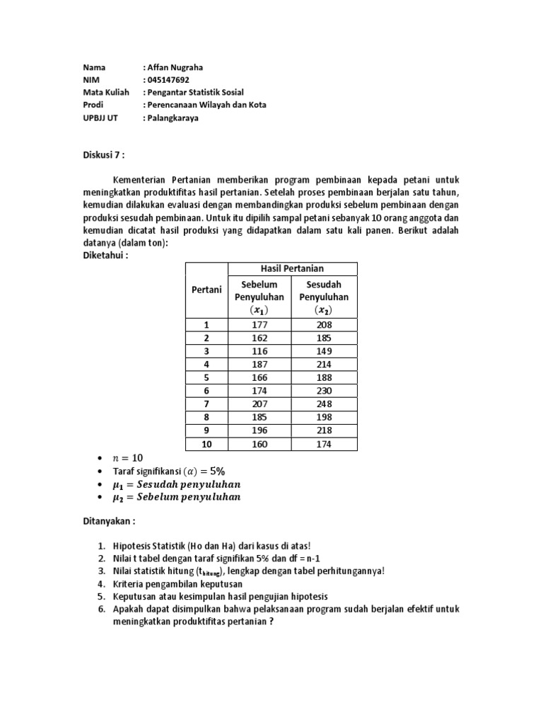 Diskusi 7 - Pengantar Statistik Sosial - Affan Nugraha - 045147692 | PDF