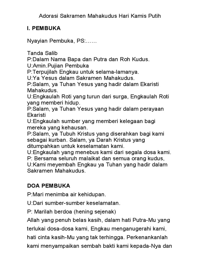 Adorasi Sakramen Mahakudus Hari Kamis Putih | PDF
