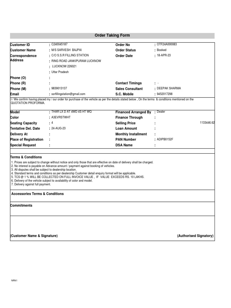 Vehicle Order Taking Form | PDF