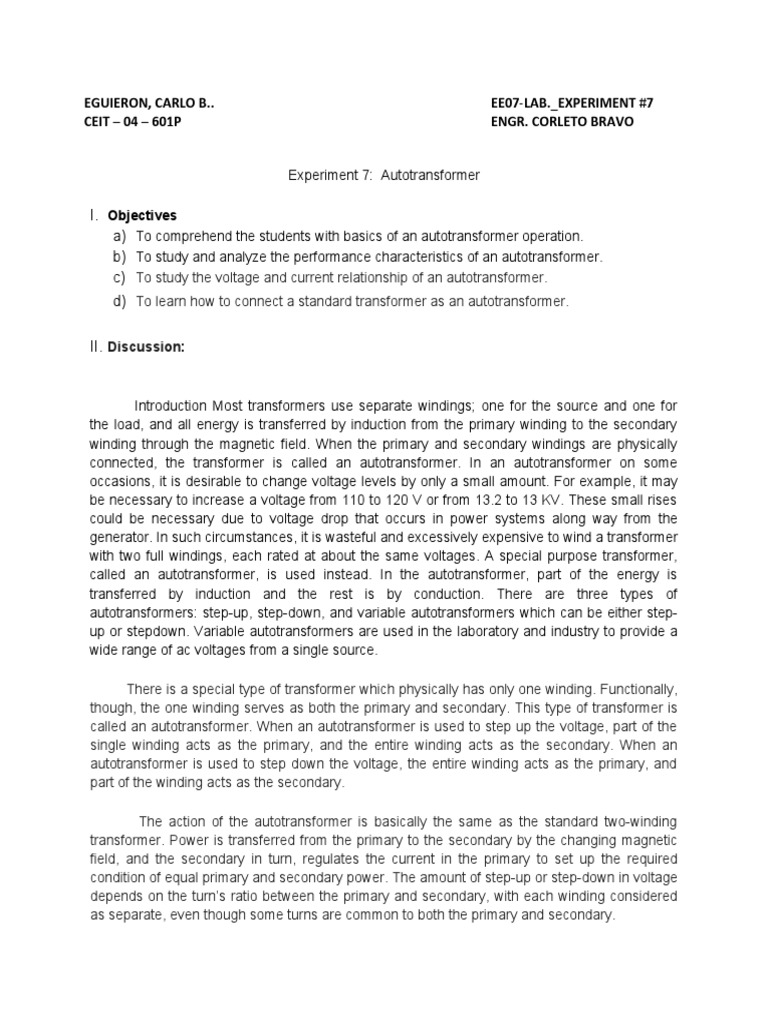 Eguieron - Carlo - Experiment No.7 - Ee07lab | PDF | Transformer | Electrical Engineering