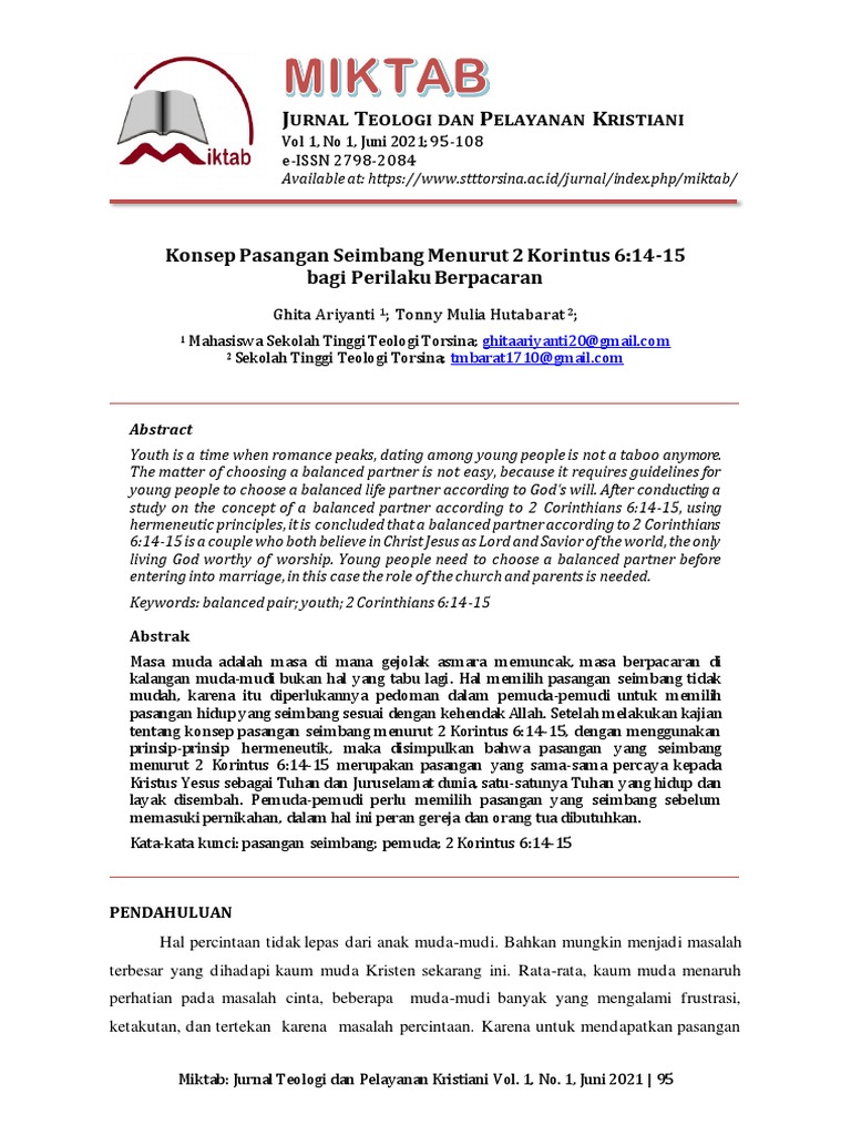 J T P K: Konsep Pasangan Seimbang Menurut 2 Korintus 6:14-15 Bagi Perilaku Berpacaran | PDF