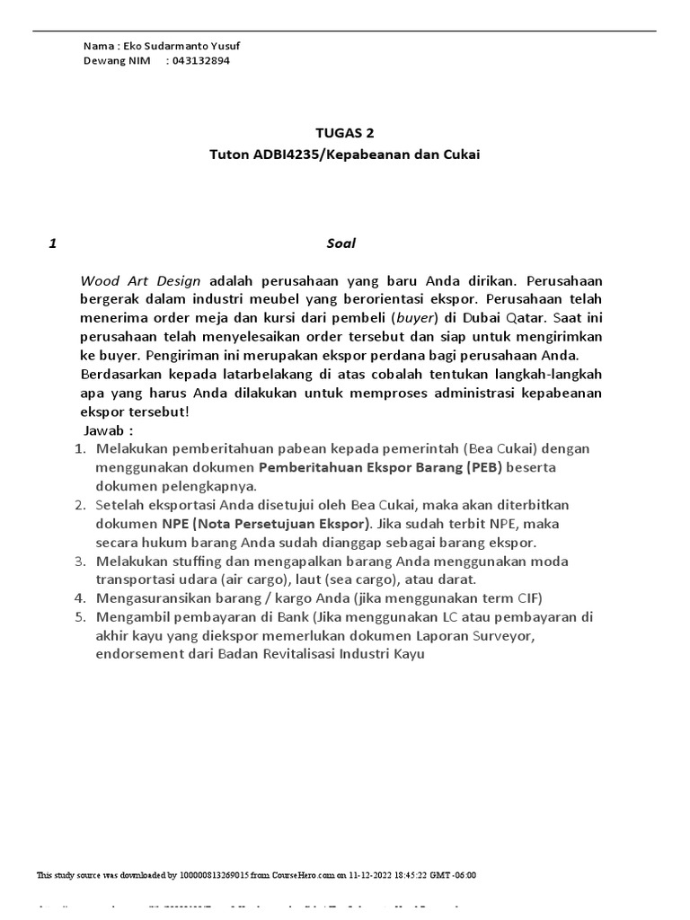 Tugas 2 Kepabeanan Dan Cukai Eko Sudarmanto Yusuf Dewang 1 1 PDF | PDF