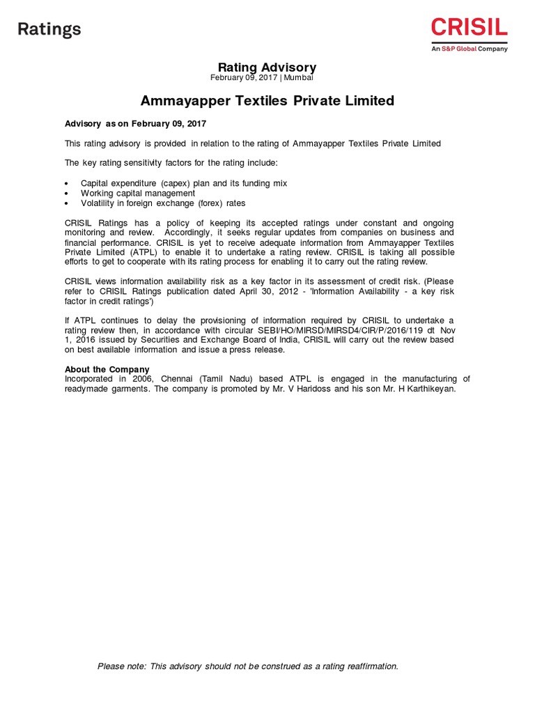 Ammayapper Textiles Private Limited: Rating Advisory | Download Free ...
