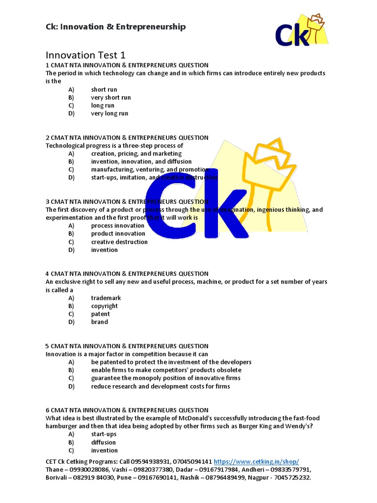 CMATking Innovation 35 Must Do Questions On CMAT NTA NET Innovation and Entrepreneurship ...