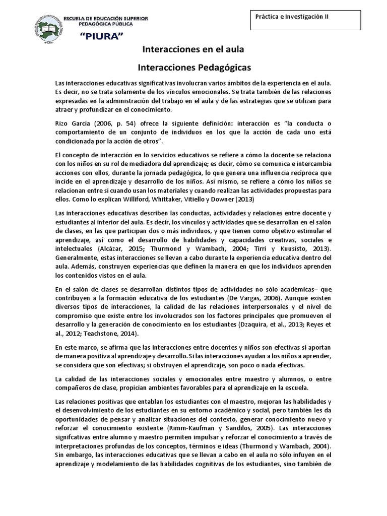 Interacciones en El Aula Interacciones Pedagógicas | PDF | Salón de ...