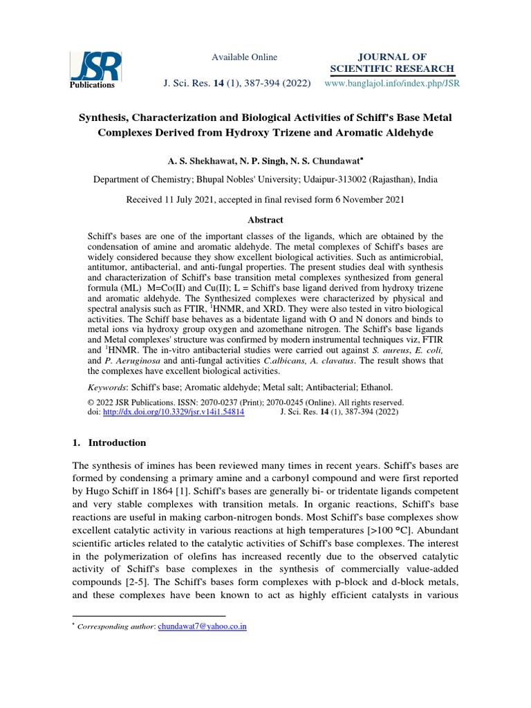 Synthesis, Characterization and Biological Activities of Schiff's Base Metal Complexes Derived ...