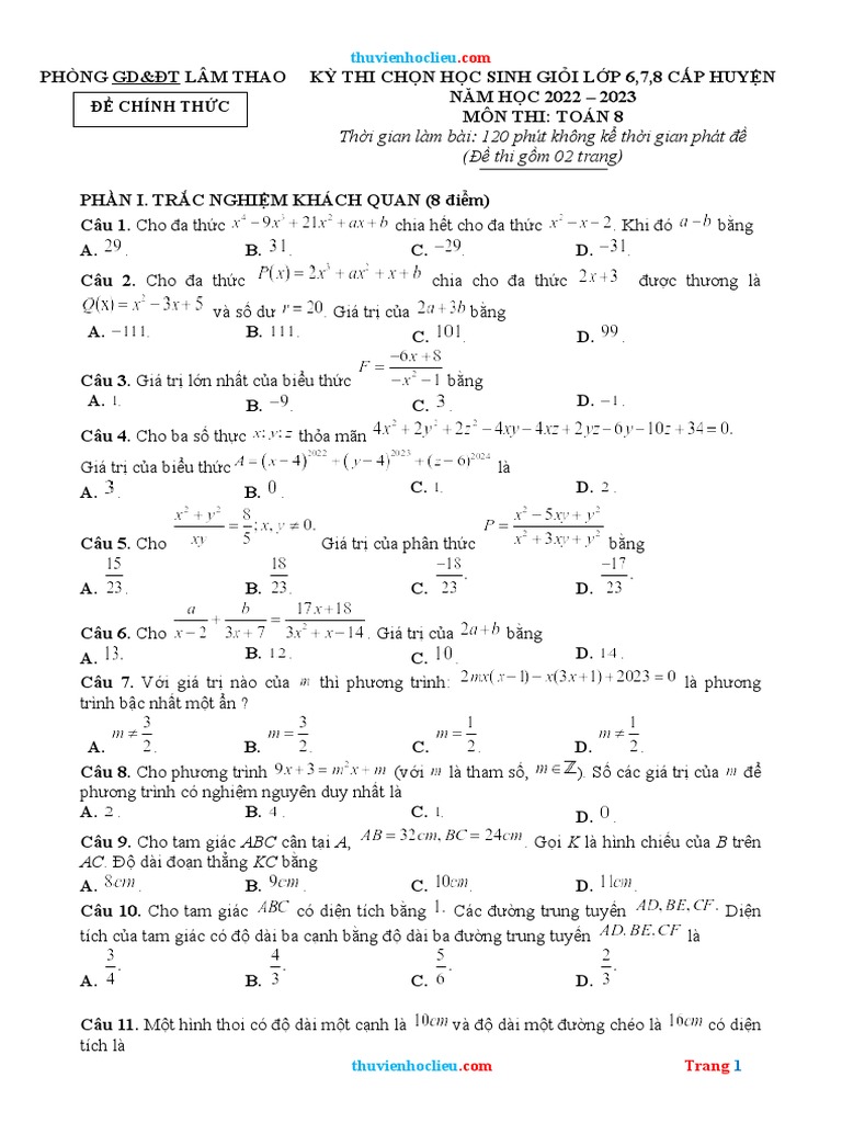 De Thi HSG Toan 8 Huyen Lam Thao 22 23 | PDF